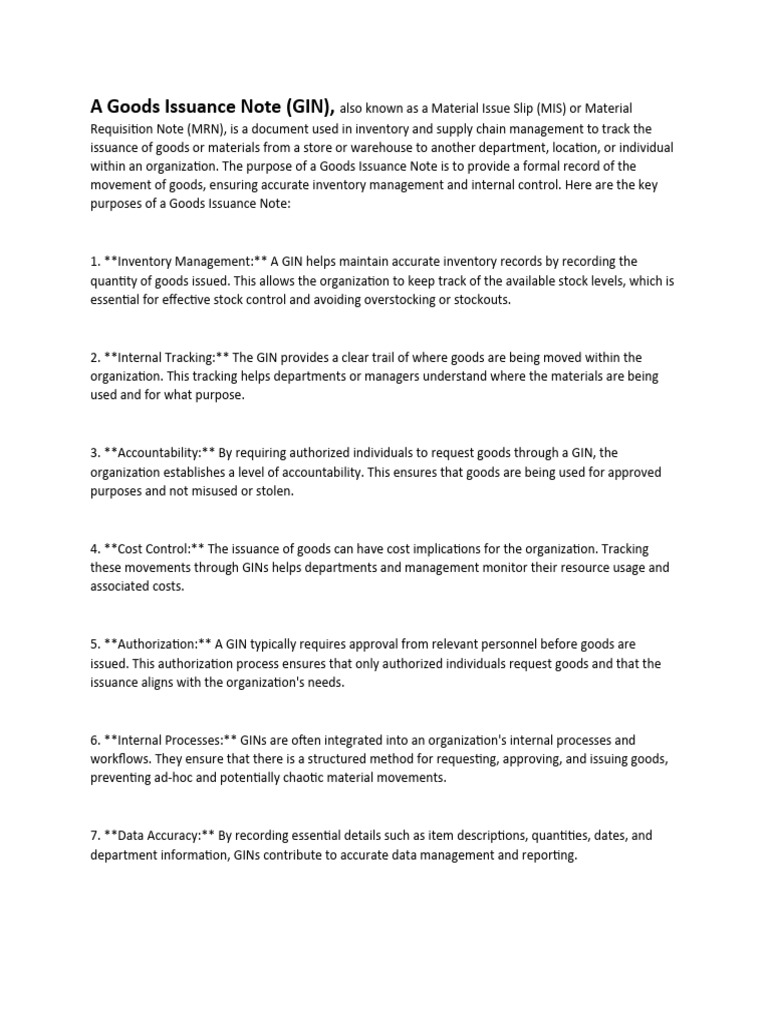 A Goods Issuance Note (GIN) | PDF