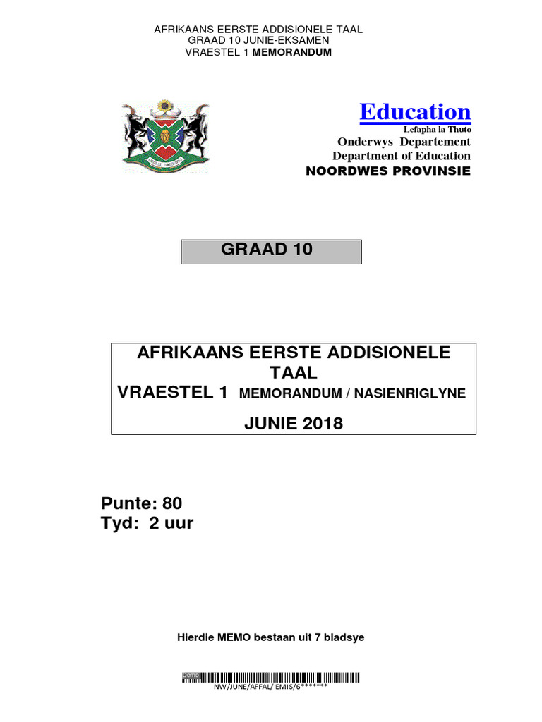 Afrikaans GR 10 Fal Memo 1 | PDF