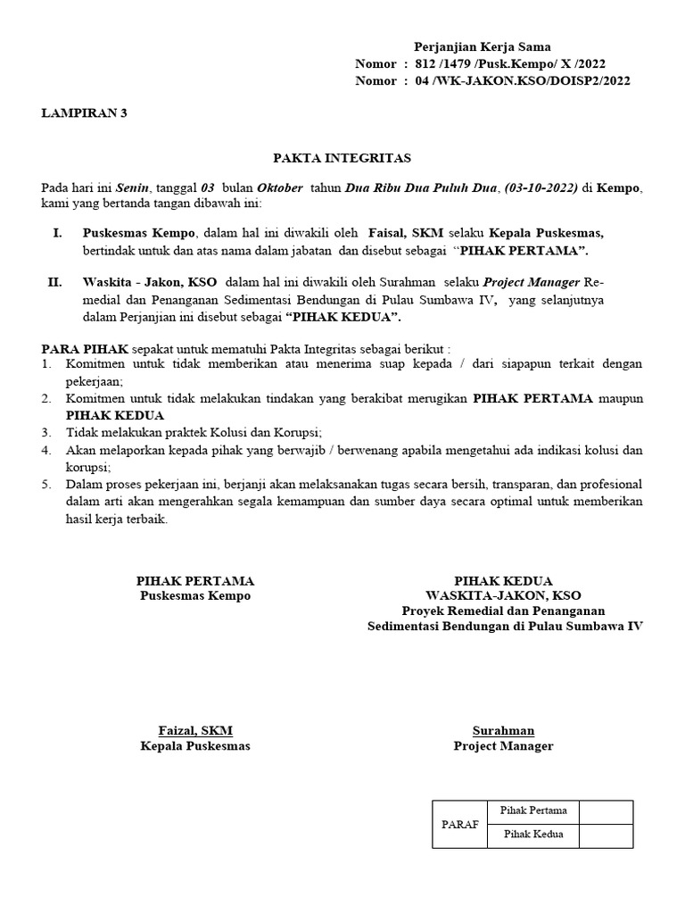 Paraf Pihak Pertama Pihak Kedua | PDF