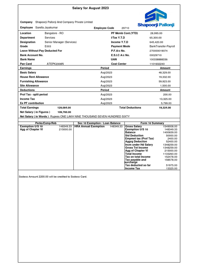 Pay Slip of August 2023 | PDF | Salary | Taxes