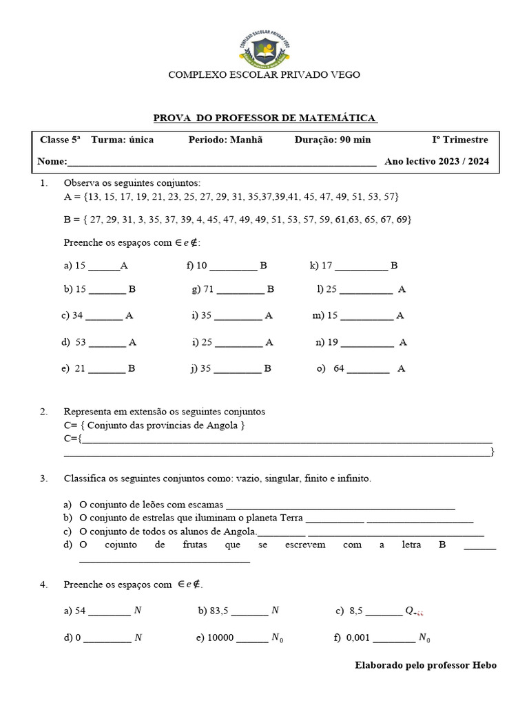 Prova de Mat - 5 Classe | PDF