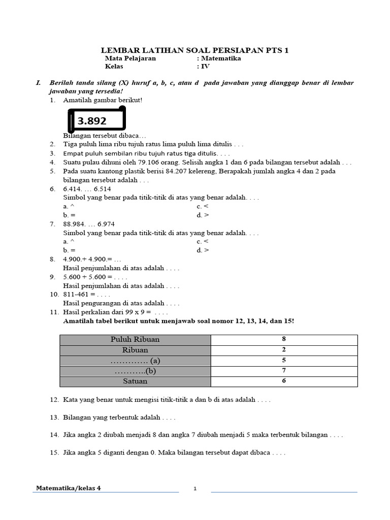 Soal PTS Matematika Kelas 4 Semester 1 | PDF