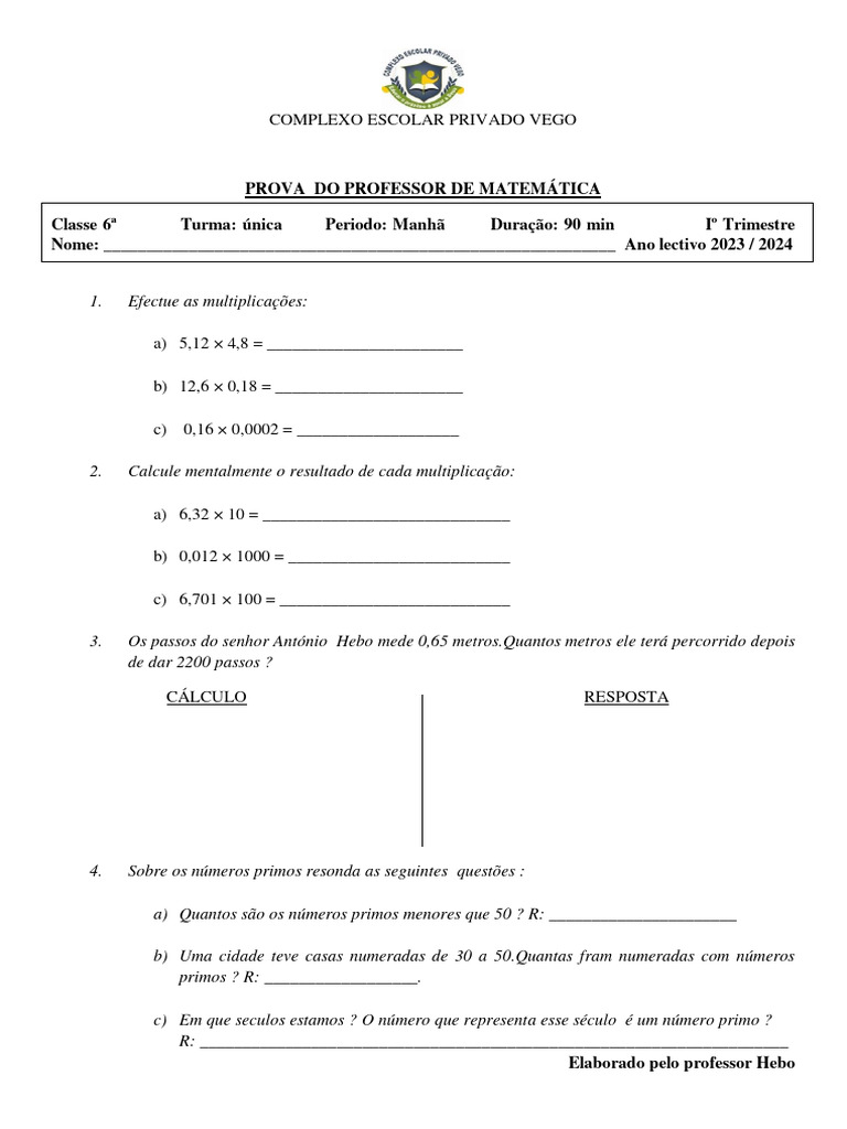 Prova de Mat - 6 Classe | PDF