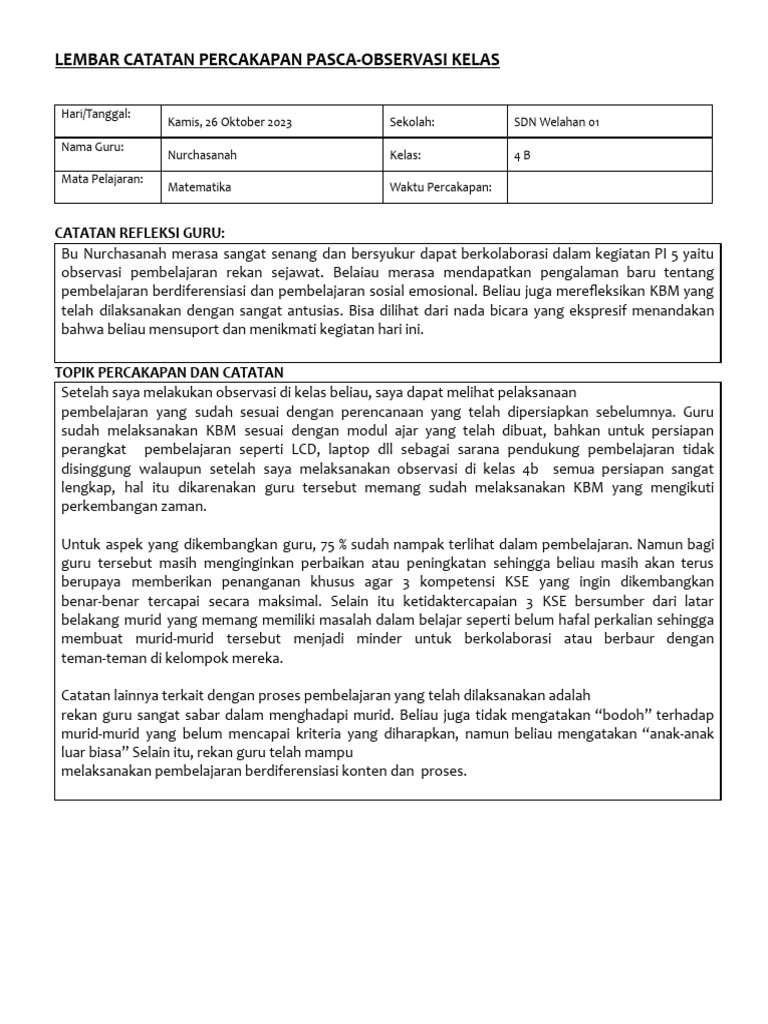 Isian Fix Lembar Pasca Observasi | PDF