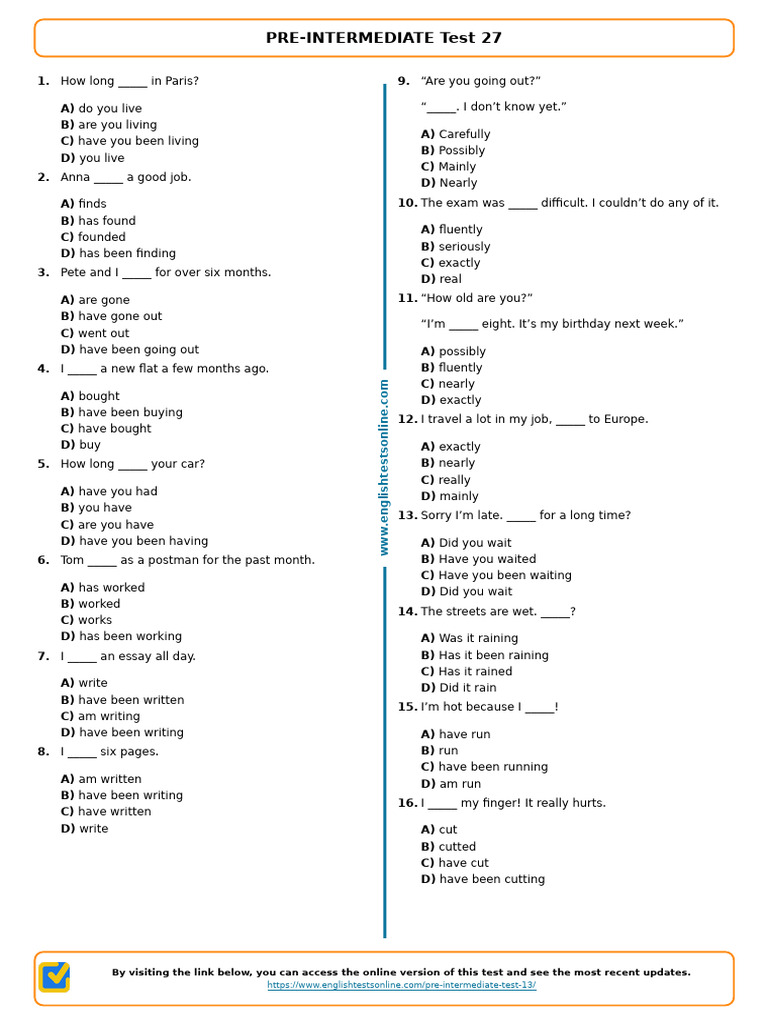 Pre-Intermediate English Test 27 | PDF