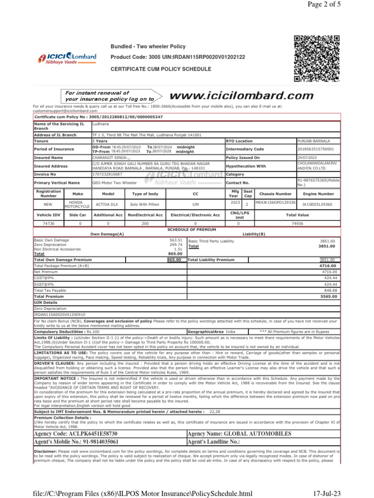 Two-Wheeler Insurance Policy Details | PDF | Insurance | Liability ...