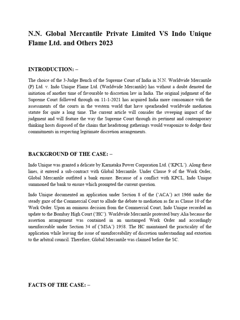 Case Brief N.N. Global Mercantile Private Limited VS Indo Unique Flame ...