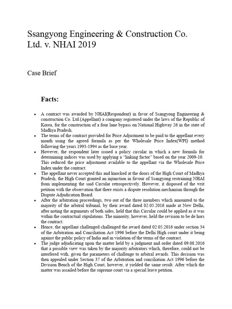 Case Brief Ssangyong Engineering & Construction Co. Ltd. v. NHAI 2019 | PDF | Law