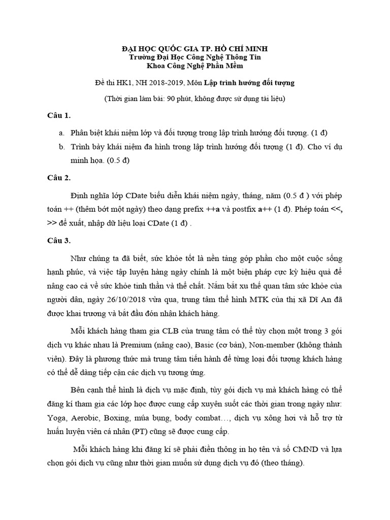 De Thi LT Oop Hk1 2018-2019 | PDF