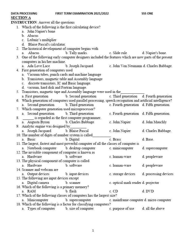 Data Processing SS 1 Exam First Term 2021 | PDF | Computer Hardware | Information