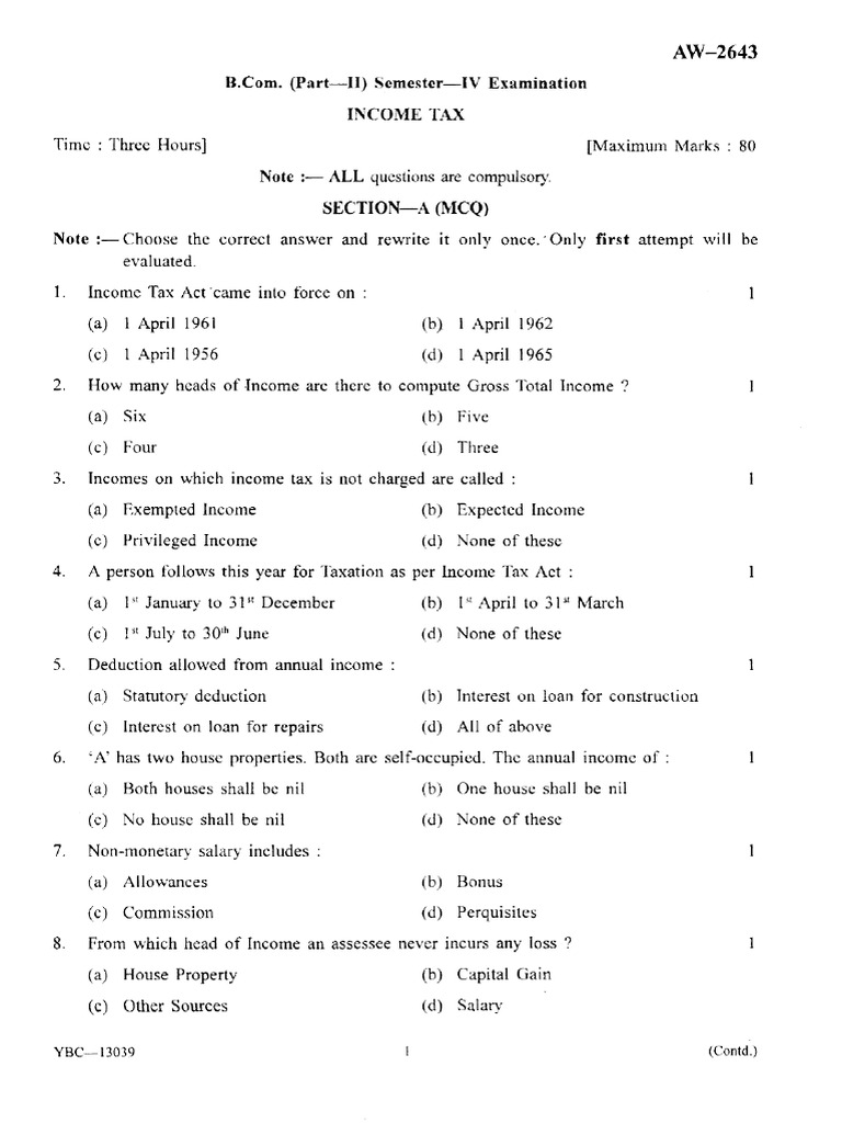 Bcom 4 Sem Income Tax S 2019 | PDF