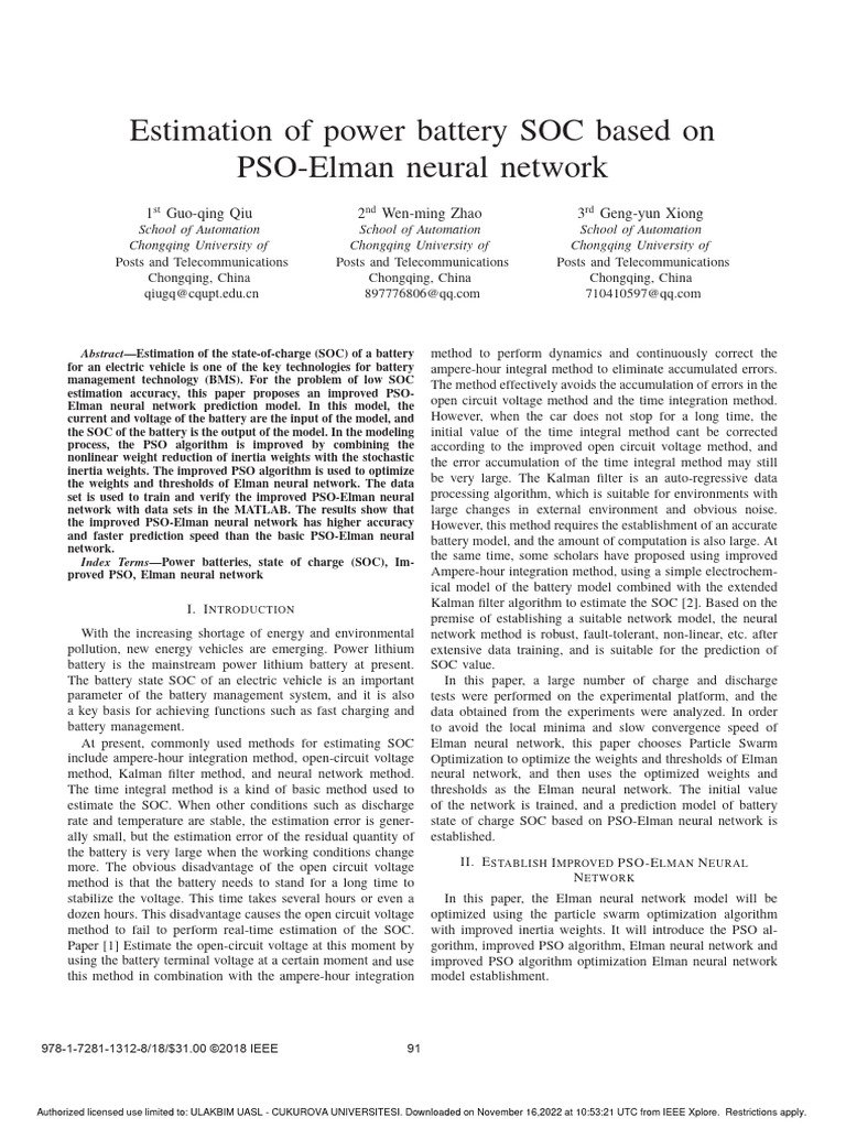 Estimation of Power Battery SOC Based On PSO-Elman Neural Network | PDF | Artificial Neural ...