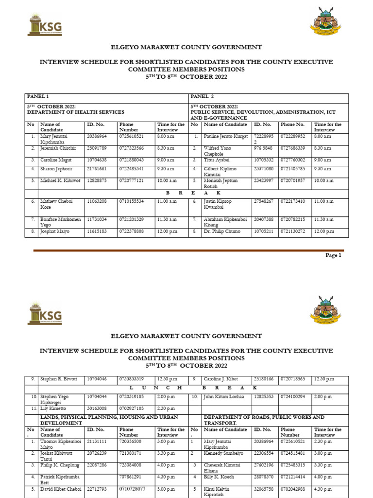 Elgeyo Marakwet County Cecm Positions Interview Schedule - 2022 | PDF
