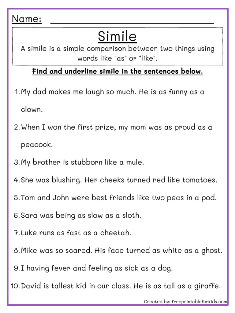 Simile Practice Sheet 4. | PDF