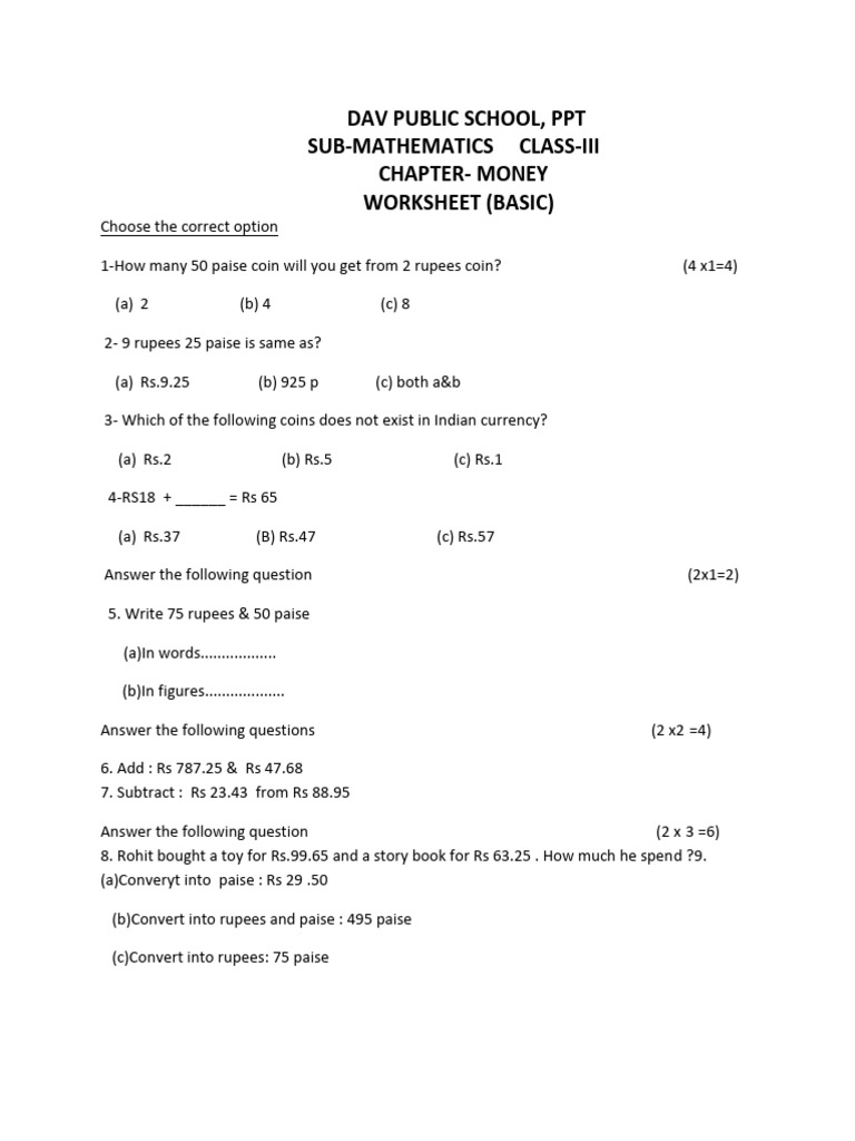 CLASS-3 MATHS Money WORKSHEET | PDF | Money | Cash