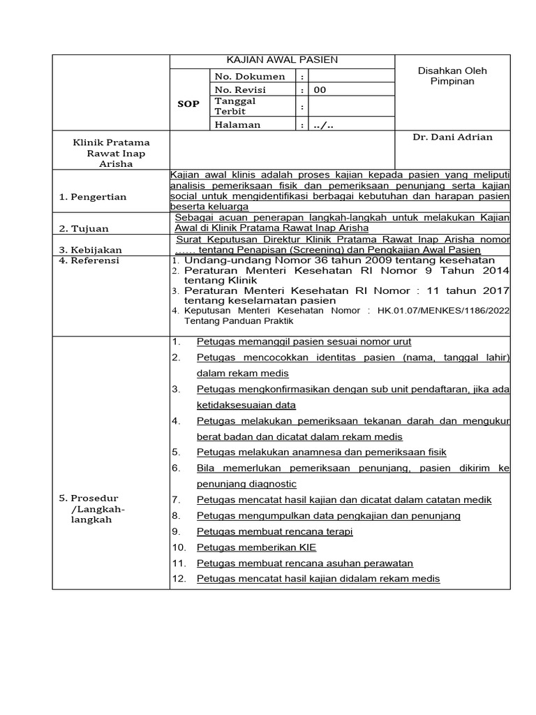 Sop Pengkajian Awal Pasien | PDF | Pengembangan Diri | Sains & Matematika