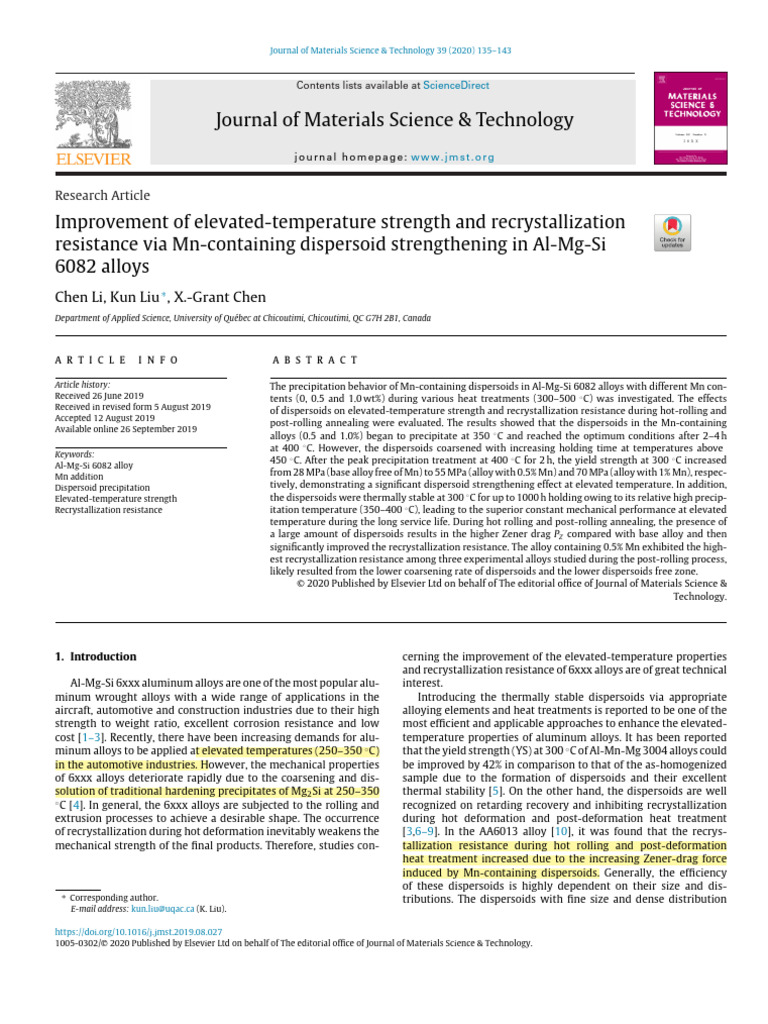 Improvement of Elevated-Temperature Strength and Recrystallization Resistance Via Mn-Containing ...