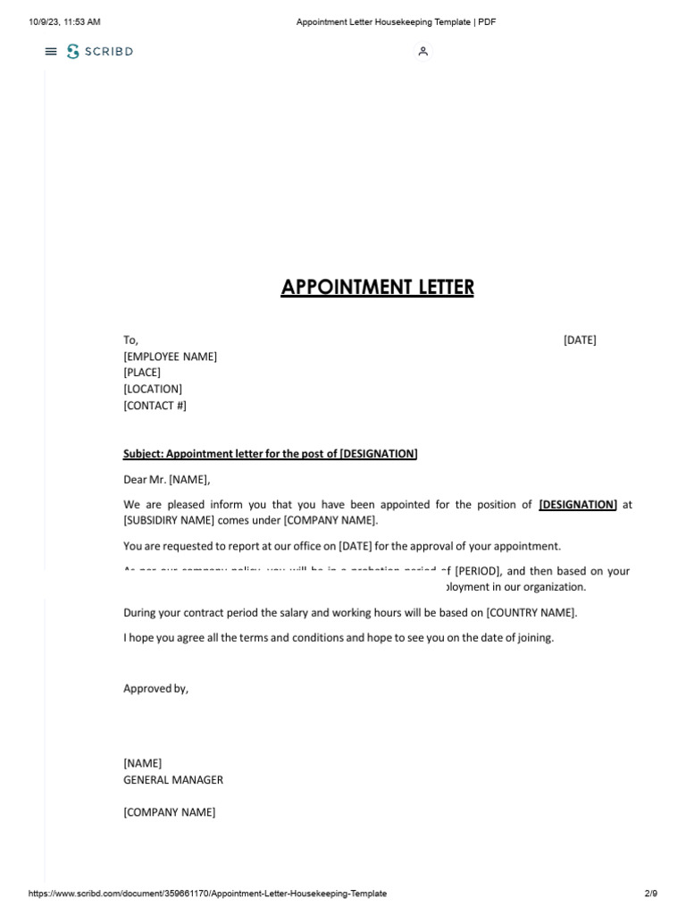 Housekeeping Appointment Letter Template | PDF | Career & Growth | Business
