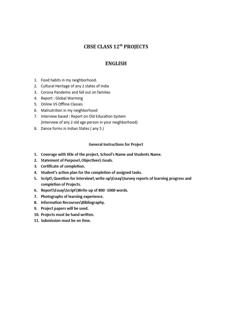 Cbse Class 12 Project Name List English | PDF | Career & Growth