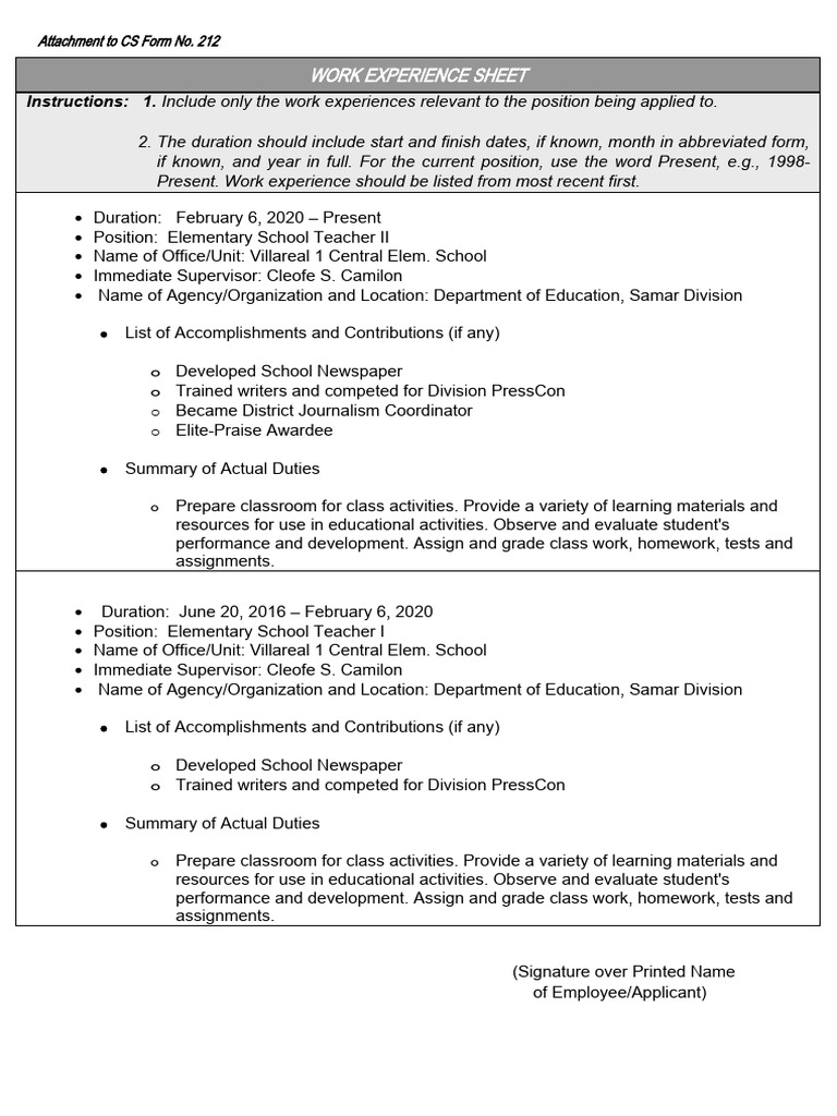 CS Form No. 212 Attachment - Work Experience Sheet | PDF | Schools ...