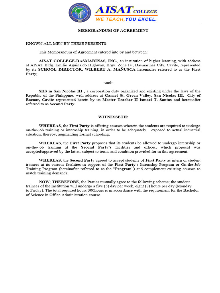 Aisat Ojt Moa With Logo | PDF | Common Law | Justice