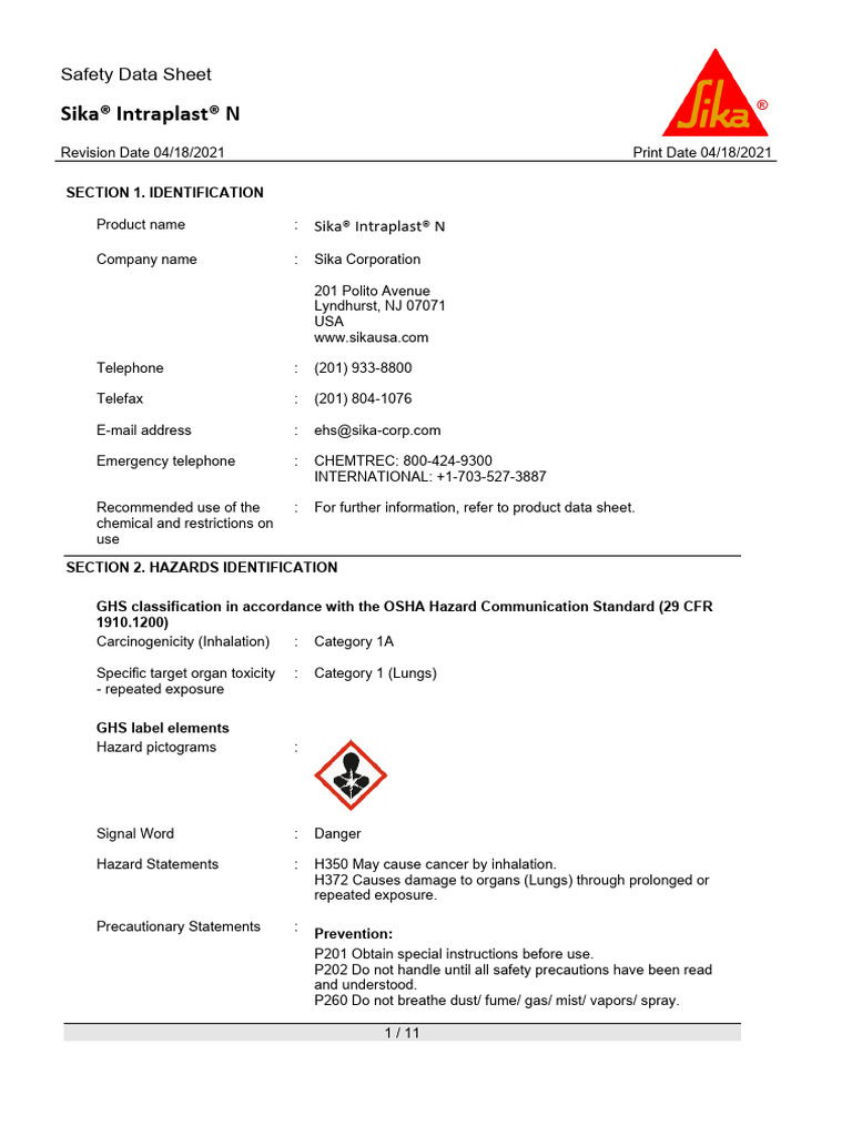 Sika Intraplast N SDS | PDF | Workplace | Labor Relations