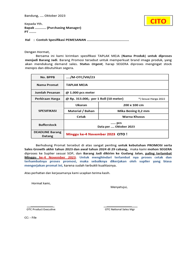 Contoh Surat Pemesanan Barang Ke Bagian Pembelian (2023) | PDF
