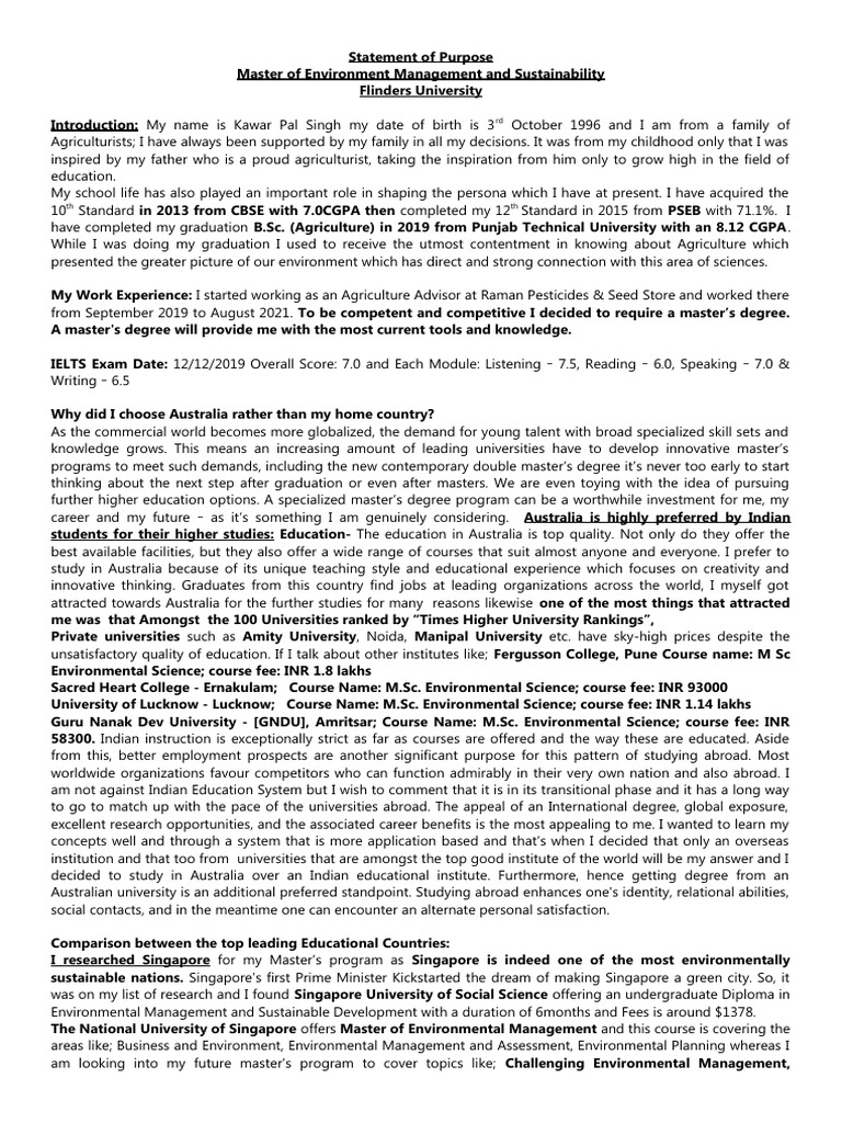 Kawar Pal Singh Flinders Statement of Purpose | PDF | Sustainability ...