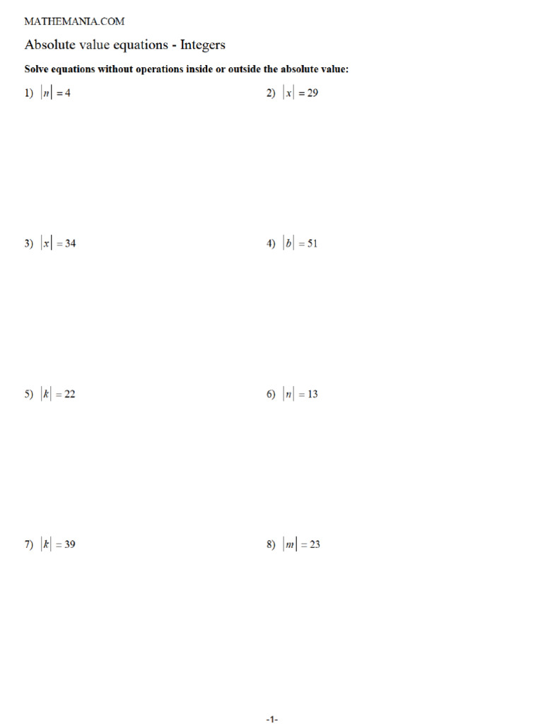Absolute Value Equations Integers | PDF