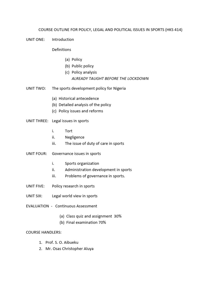 Hks414 Policy, Legal and Political Issues in Sports | PDF | Sports | Policy