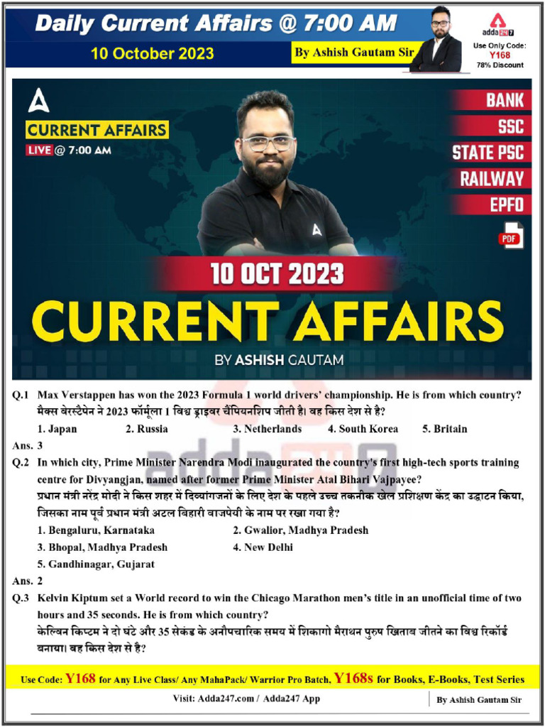 10 October 2023 Current Affair by Ashish Gautam Sir - New | PDF