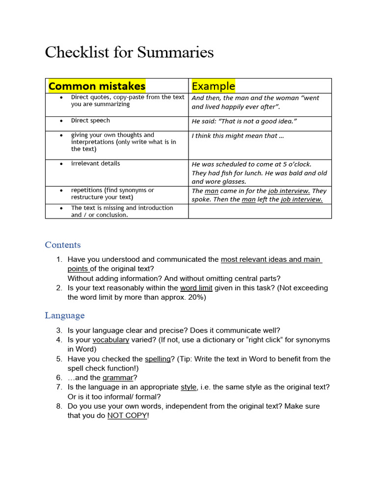 Summary Writing Checklist Guide | PDF | Foreign Language Studies