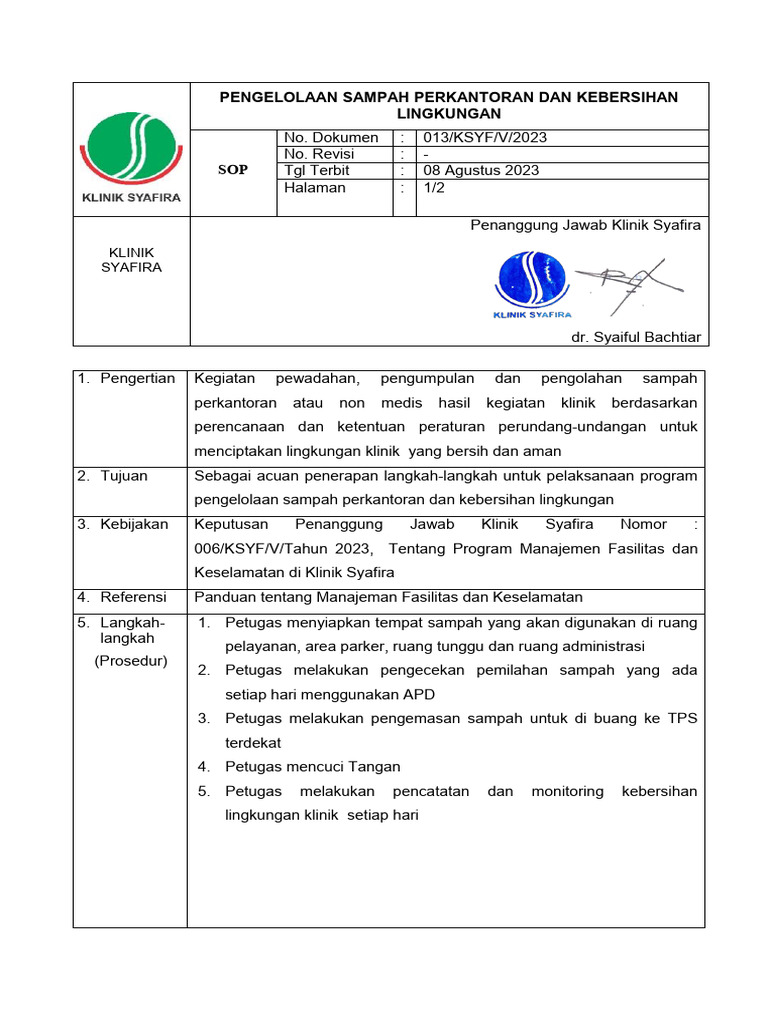 Sop Pengolahan Sampah Domestik Revisi | PDF