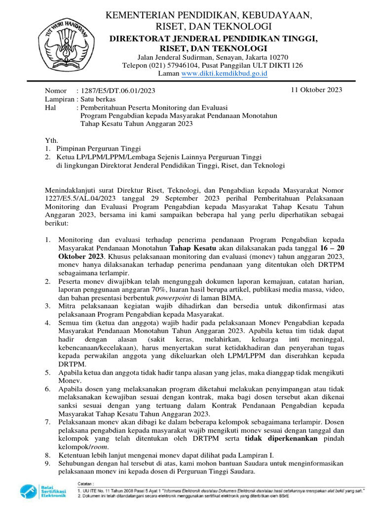 Pemberitahuan Peserta Monitoring Dan Evaluasi Program Pengabdian Kepada Masyarakat Pendanaan ...