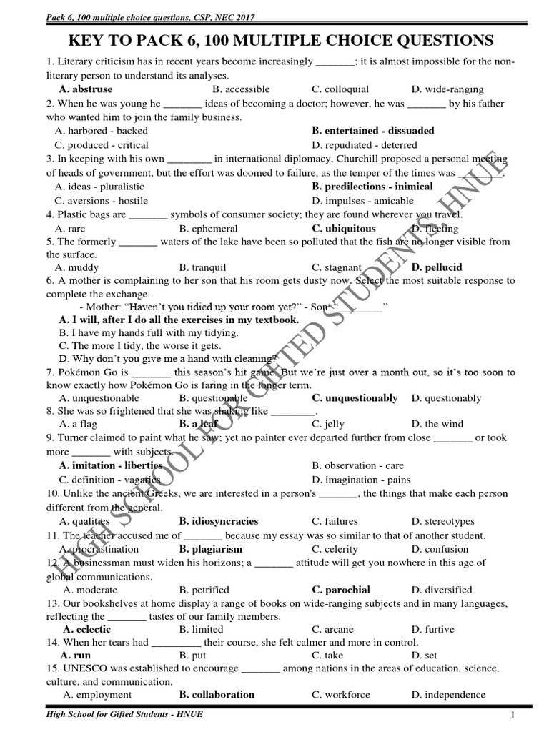 Key To Pack 6, 100 Multiple Choice Questions, CSP, NCE 2017 | PDF