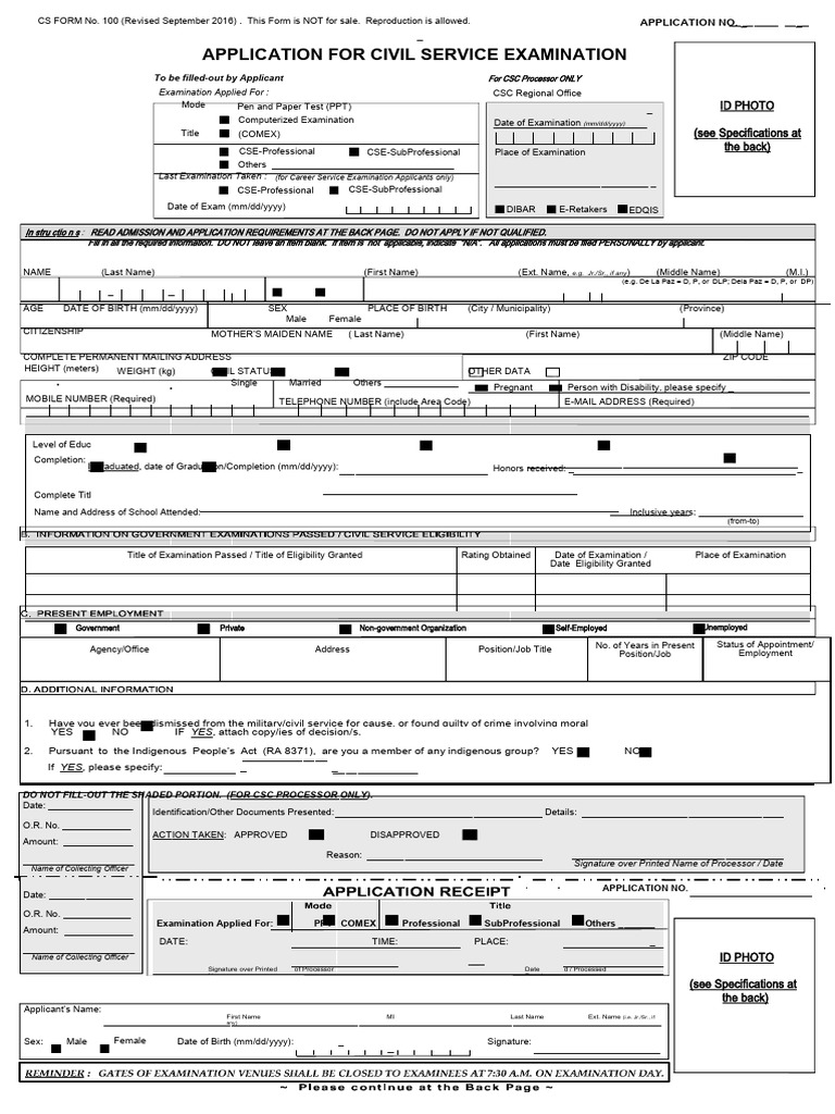 Civil Service Examination Form No. 100 Revised September 2016 | PDF ...