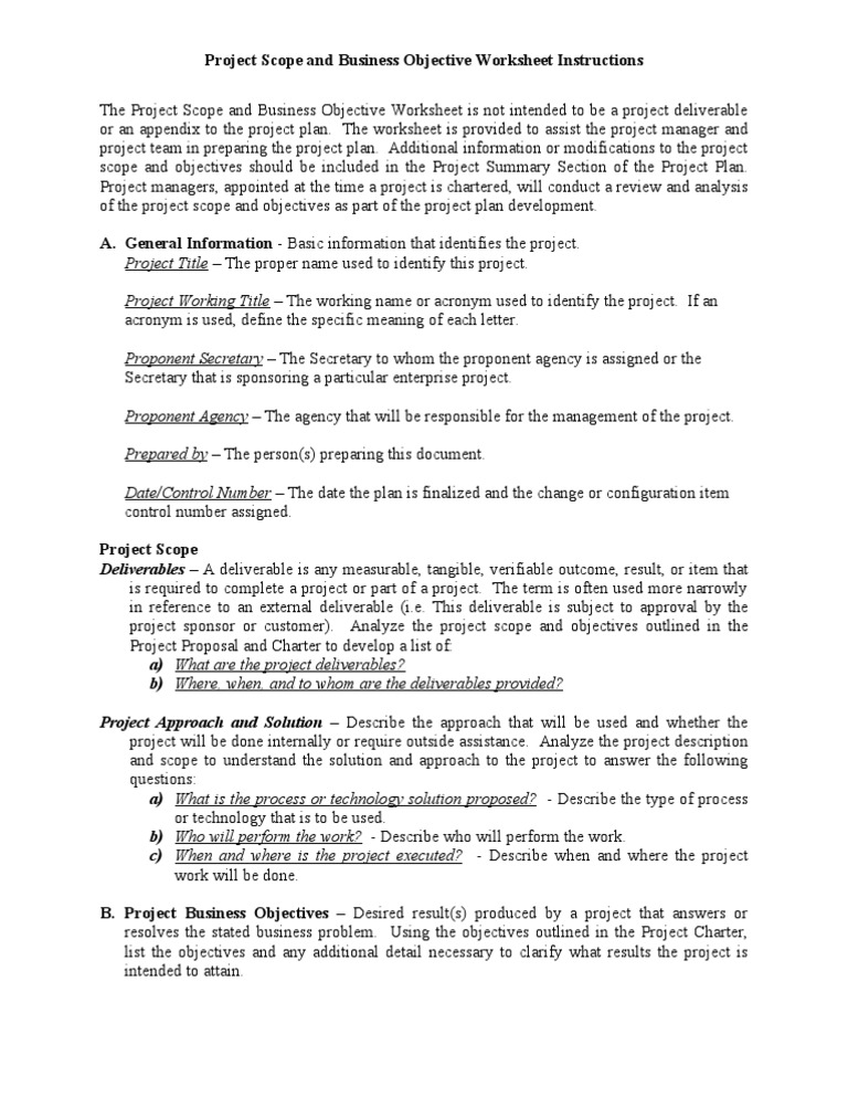 Project Scope and Business Objective Worksheet Instructions | PDF ...