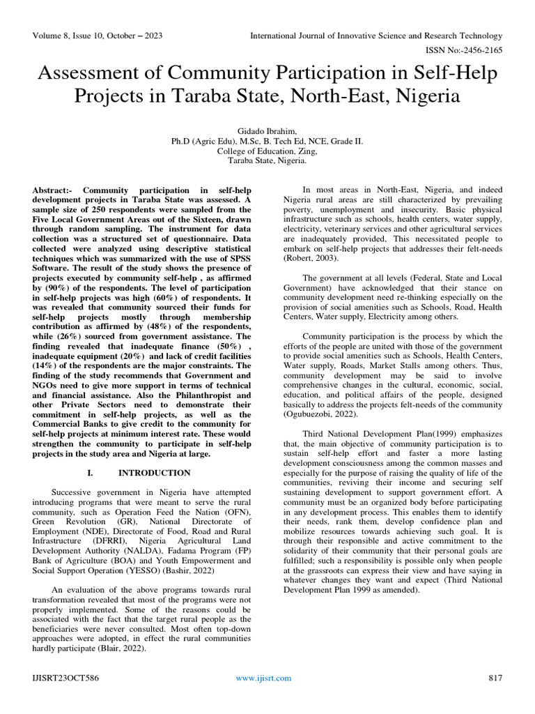 Assessment of Community Participation in Self-Help Projects in Taraba State, North-East, Nigeria ...