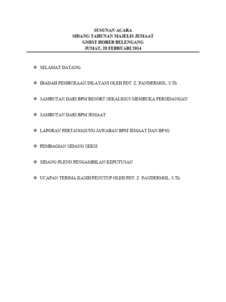 Susunan Acara Sidang Tahunan GMIST | PDF