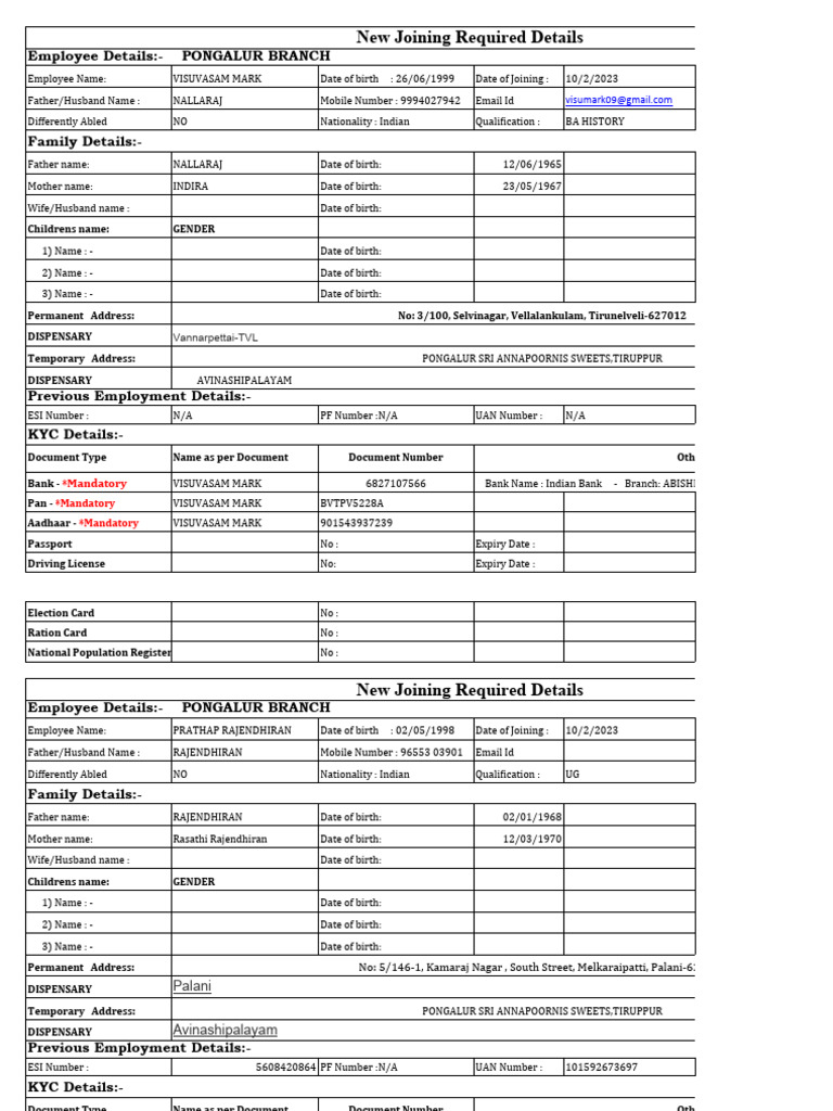 Employee Details Format | PDF