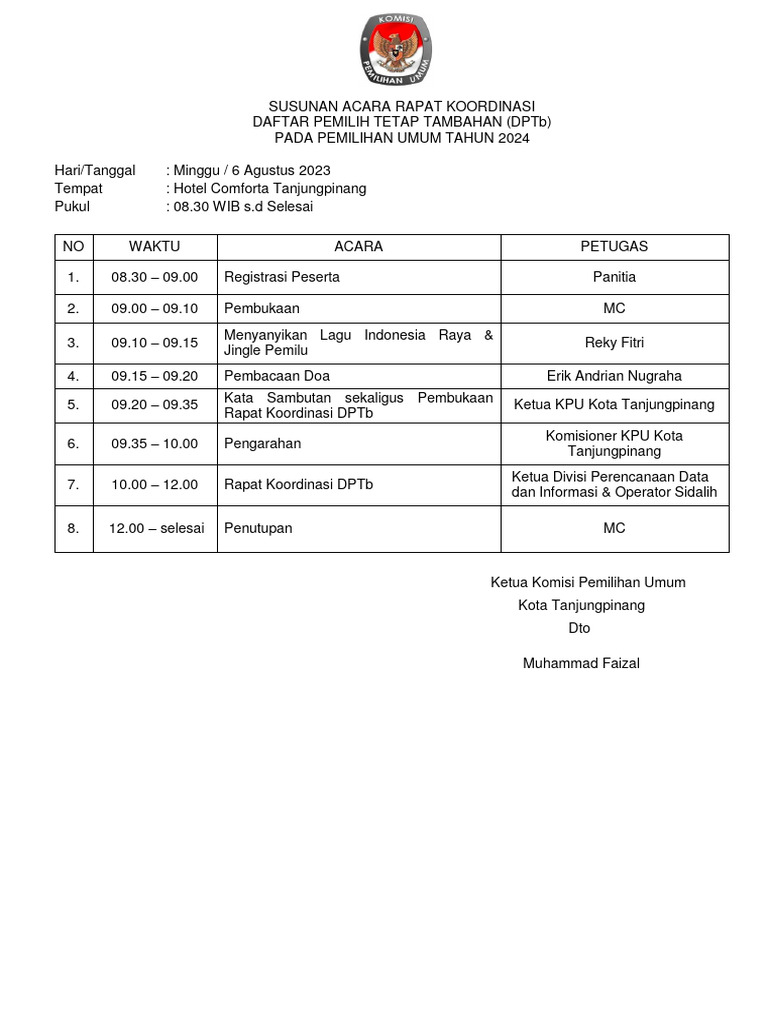 Susunan Acara Rapat Koordinasi Daftar Pemilih Tambahan (DPTB) | PDF
