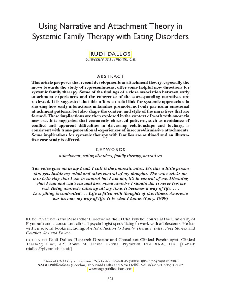 Dallos 2003 Using Narrative and Attachment Theory in Systemic Family ...