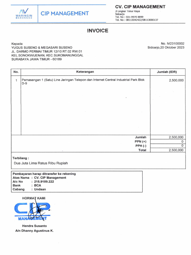 Invoice Pemasangan Jaringan Telepon Dan Internet Gudang Cip Blok D-9 | PDF