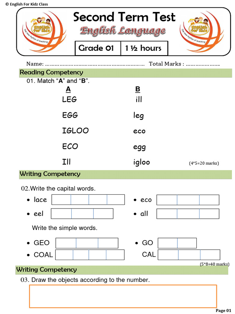 Grade 1 English Language Test Guide | PDF | Linguistics | Human ...