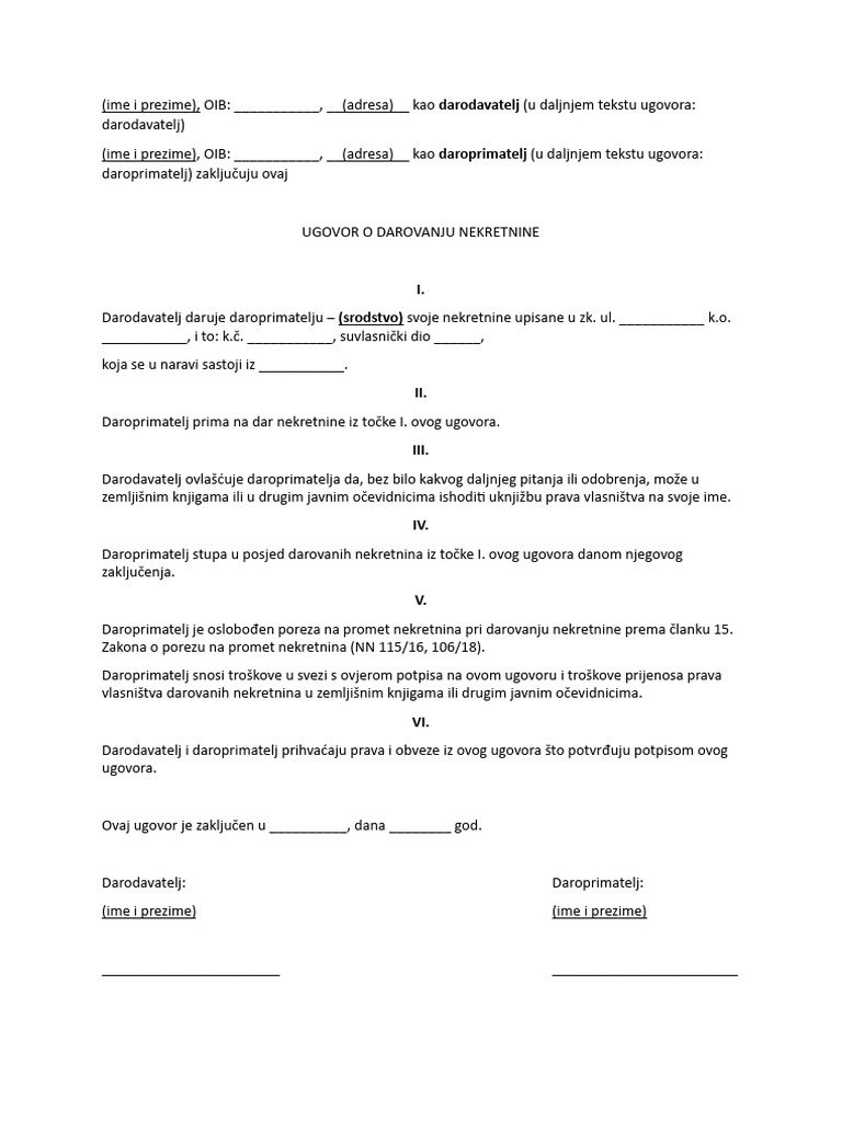 Obrazac - Ugovor o Darovanju Nekretnine | PDF