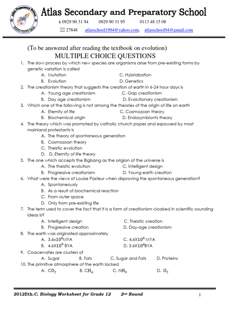 Grade 12 Biology Worksheet Note | PDF | Creationism | Abiogenesis