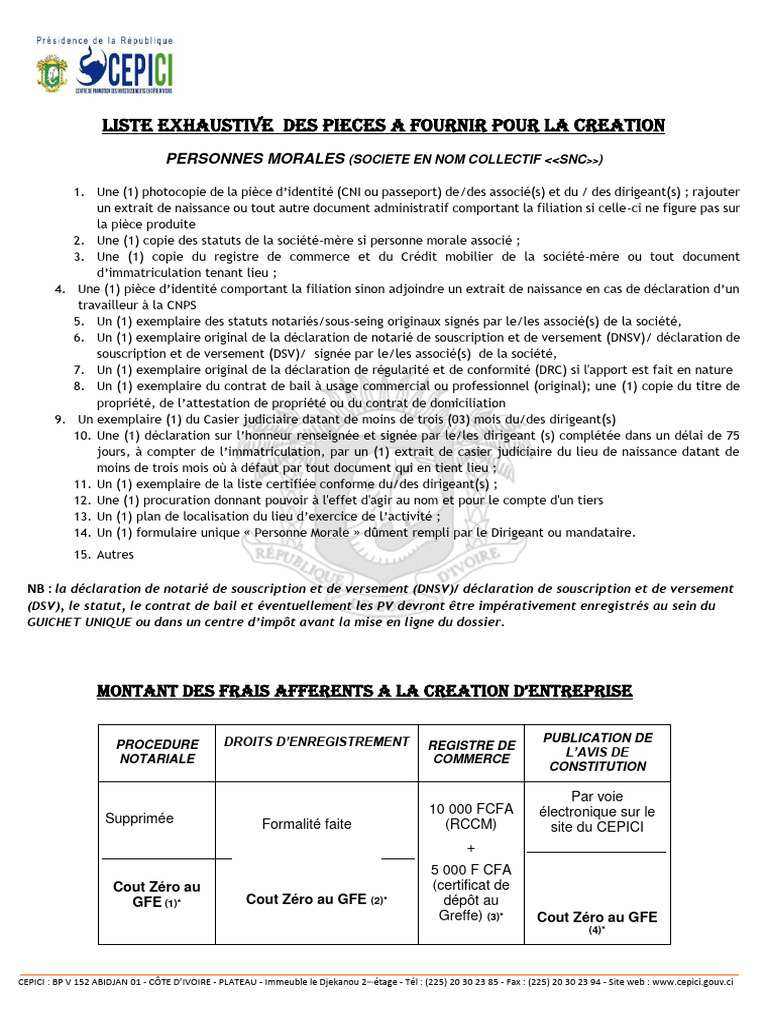 Liste Des Pieces A Fournir SNC | PDF