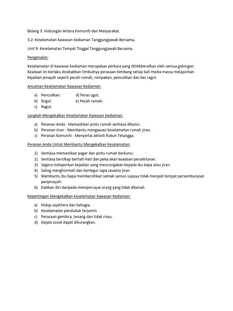 Nota Ringkas Unit 9 Keselamatan Tempat Tinggal Tanggungjawab Bersama | PDF