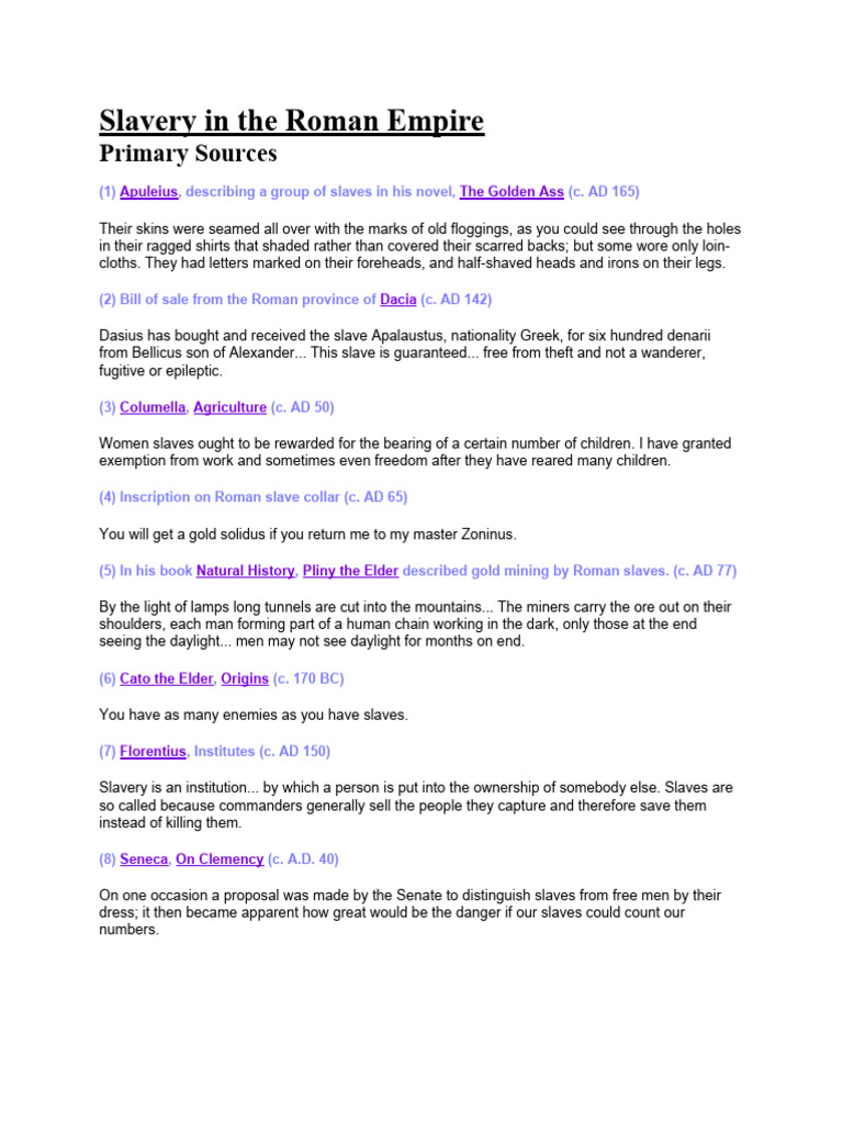 Slavery in The Roman Empire Primary Sources | PDF
