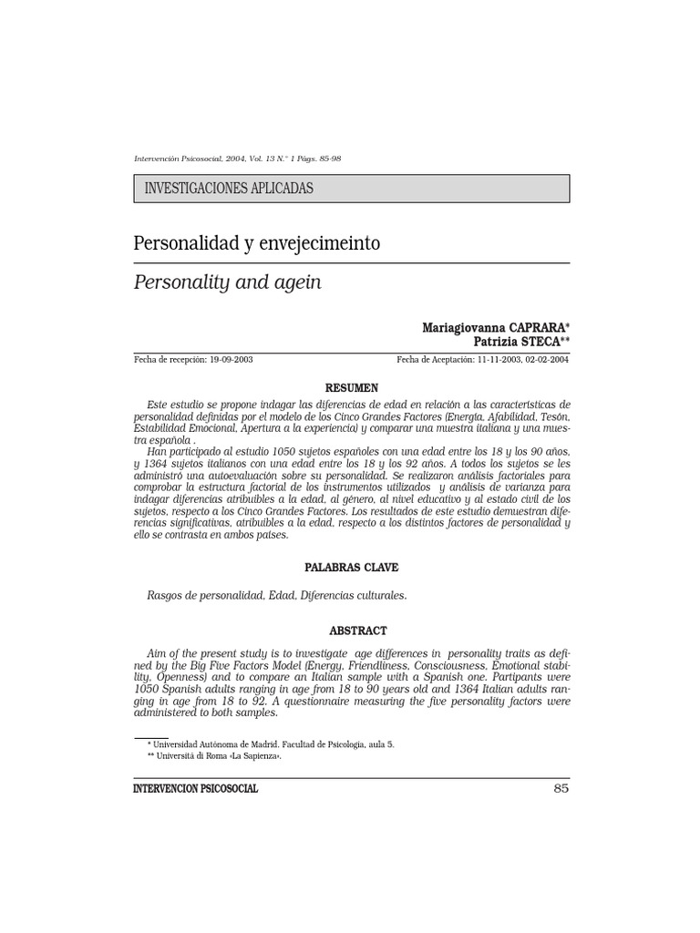 Personalidad Y Envejecimiento Pdf Teorías Cientificas Cognición